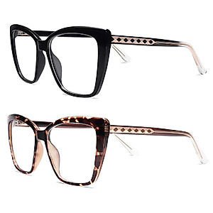 AMOMOMA Trendy TR90 Oversized Blue Light Reading Glasses Women,Stylish Square Cat Eye Glasses AM6031 C1+C6 1.75 x