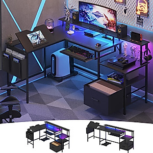 UPOSOJA L Shaped Gaming Desk with Keyboard Tray, Adjustable Drafting Table, Reversible Home Office Desk with Storage, Power Outlet LED Light File Cabinet Monitor Stand Printer Space (Black)