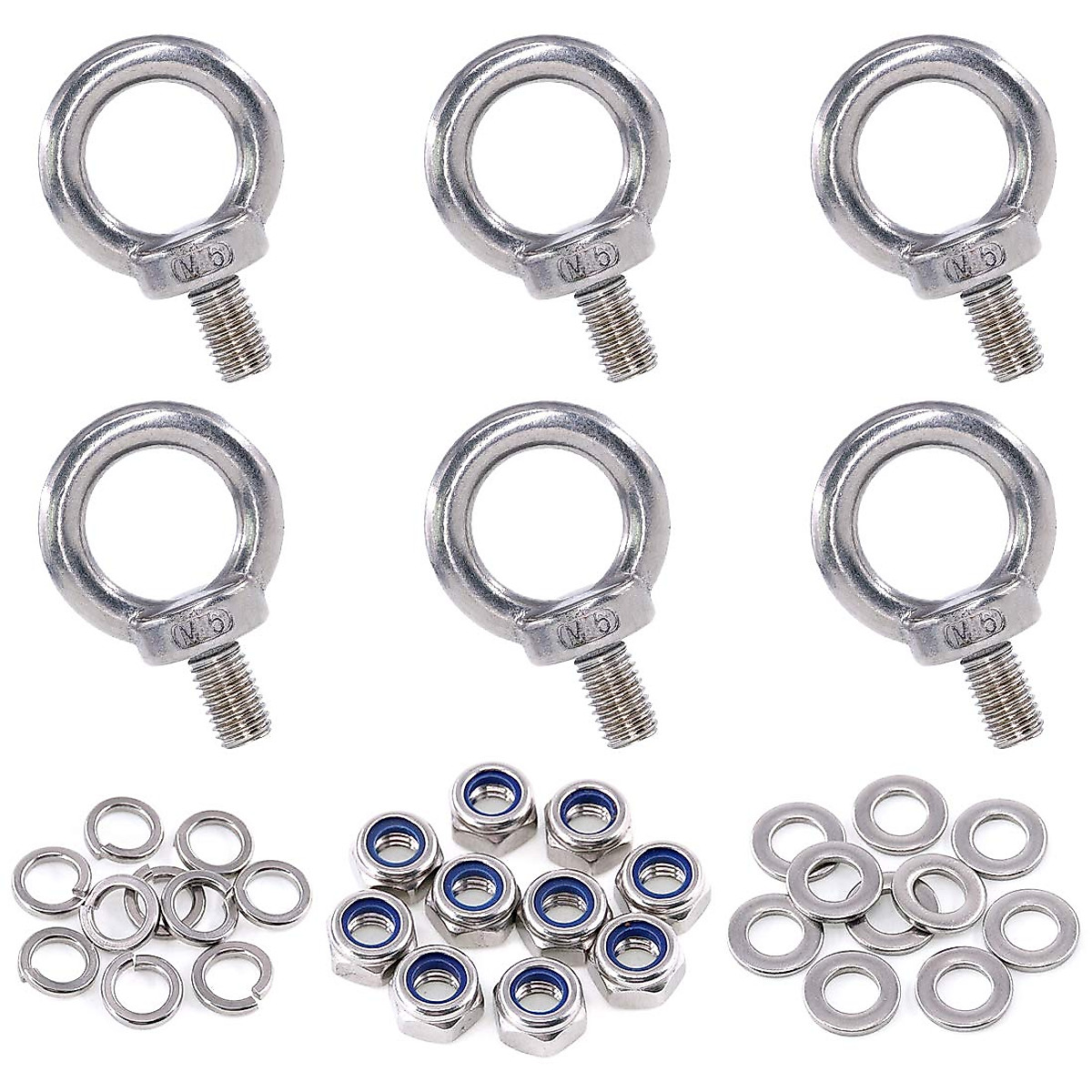 36Pcs 304 Stainless Steel M6 Male Thread Lifting Ring Eye Bolt Kit, Including 6Pcs M6 Eye Bolt with 10Pcs Lock Nuts, 10Pcs Lock Washers and 10Pcs Flat Washers