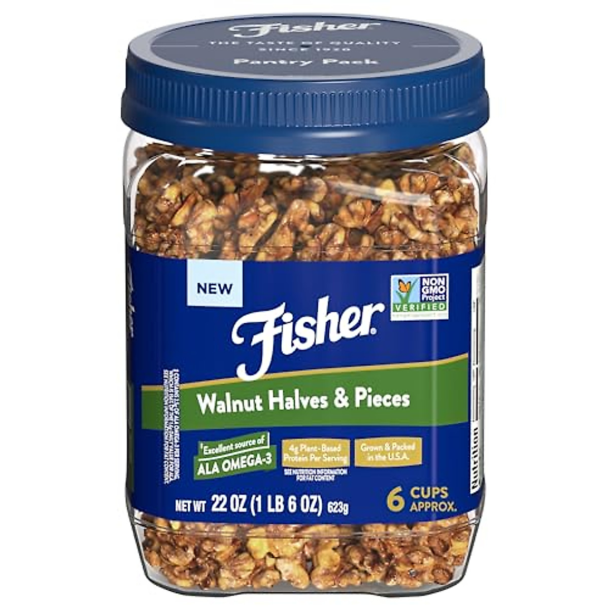 Fisher Chef's Naturals Walnut Halves & Pieces Pantry Pack PET 22 oz, 100% Unsalted Walnuts for Baking & Cooking, Snack Topping, Great with Yogurt & Cereal, Vegan Protein, Keto Snack, Gluten Free, 100% Recyclable