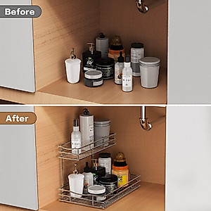 Pull Out Cabinet Organizer, 2 Tier Under Sink Organizers and Storage, Multi Purpose Sliding Cabinet Basket Organizer for Bathroom Kitchen Countertop Stainless Steel Shelf Holder 11.4Wx17.1Dx12.2H-Inch