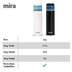 MIRA 16 oz Lightweight Insulated Travel Mug for Coffee, Tea - Stainless Steel One Touch Lid Tumbler - Keeps Hot or Cold - Black