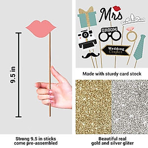 Fully Assembled Wedding Photo Booth Props - Set of 40 - Gold, Pink, Teal, & Silver Selfie Signs - Wedding Party Supplies & Decorations - Cute Wedding Designs with Real Glitter - Did we mention no DIY?