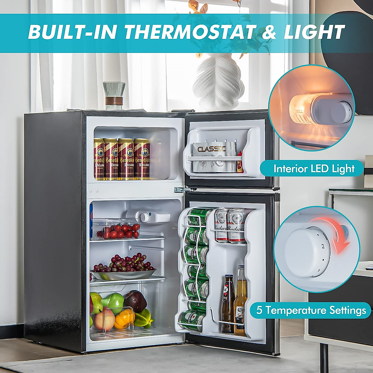 PETSITE Compact Refrigerator, 3.2 Cu.Ft. Stainless Steel Mini Fridge with 5 Temperature Settings, Reversible Door, Unit 2-Door Small Freezer Cooler for Dorm, Office, Apartment