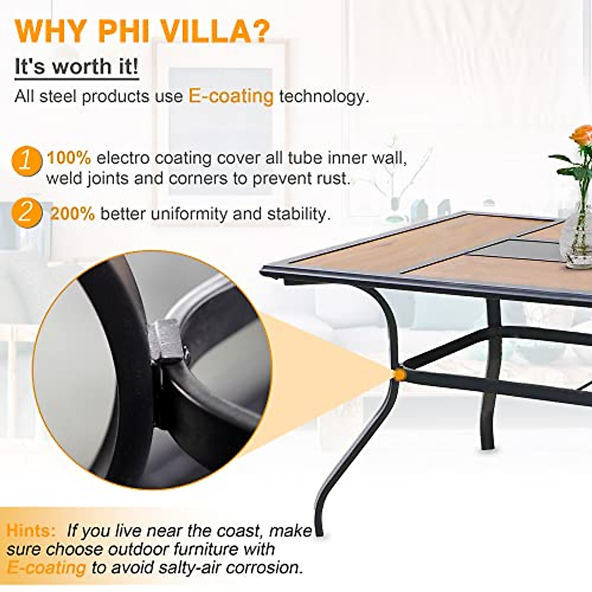 PHI VILLA 7 Piece Outdoor Dining Table Set, 61"x37" Rectangular Dining Table with Wood Top & 1.56” Umbrella Hole and 6 Metal Chairs for Patio, Deck