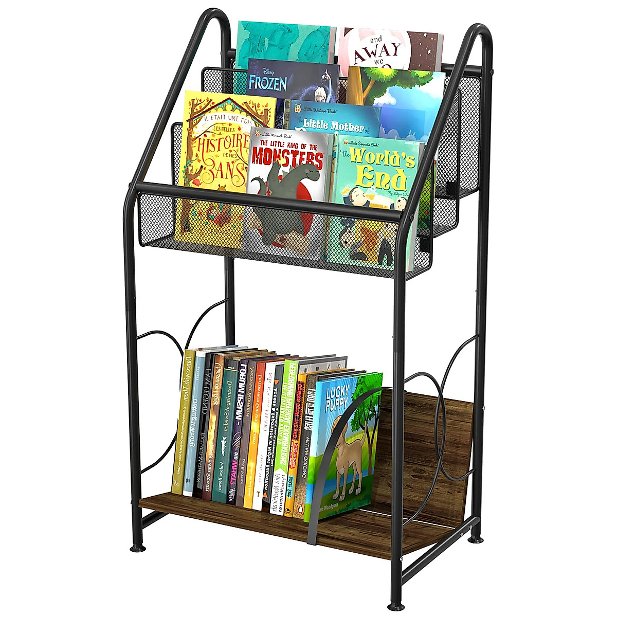 VyGrow Bookshelf, 4-Tier Metal & Wood Rolling Book Cart on Wheels, Record Cabinet for Book Magazine Turntable, Record Holder Up to 100 Albums, Multifunction Utility Cart, Black