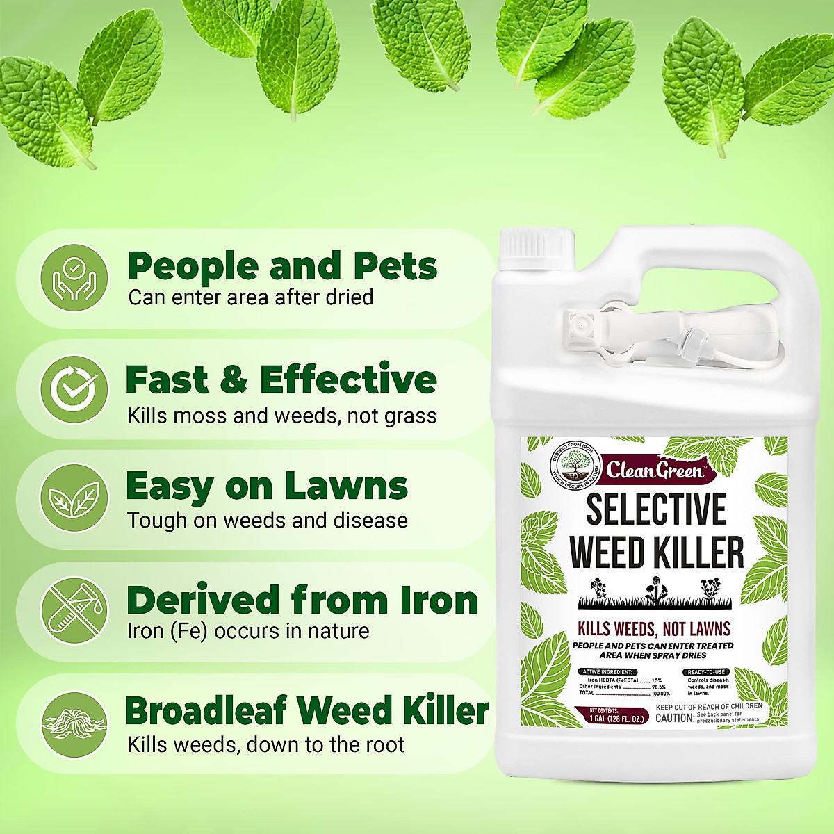 Mighty Mint Clean Green Selective Weed Killer for Lawns - Kills Weeds, Not Grass - 1 Gallon