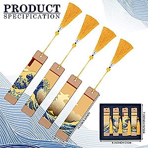 The Wave Japanese Ukiyoe Wooden Bookmarks for Book Lovers Men 4 Pcs Color Handmade Natural Bookmarks Art Book Mark with Tassel and Box Set, Good Gift for Men, Women