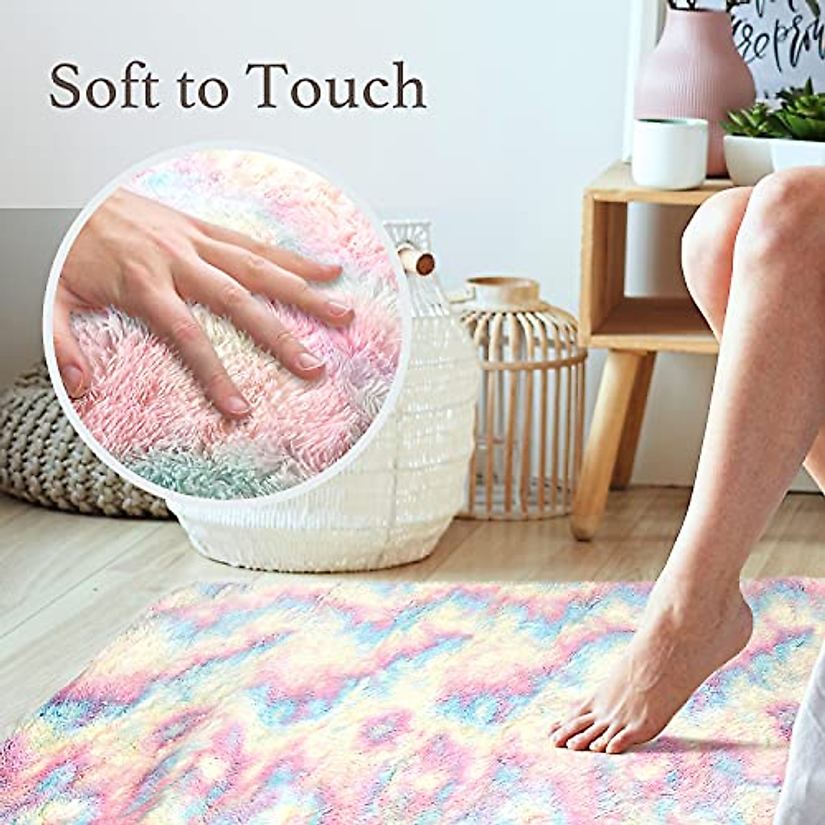 VUDECO 5x8 Large Fluffy Rainbow Rug Colorful Rug for Kids Rug Playroom Bedroom Rugs for Girls Bedroom Area Rug Living Room Rug Rainbow Carpet for Kids Girls Room Fuzzy Rug Large Fur Pink Rug Bedroom