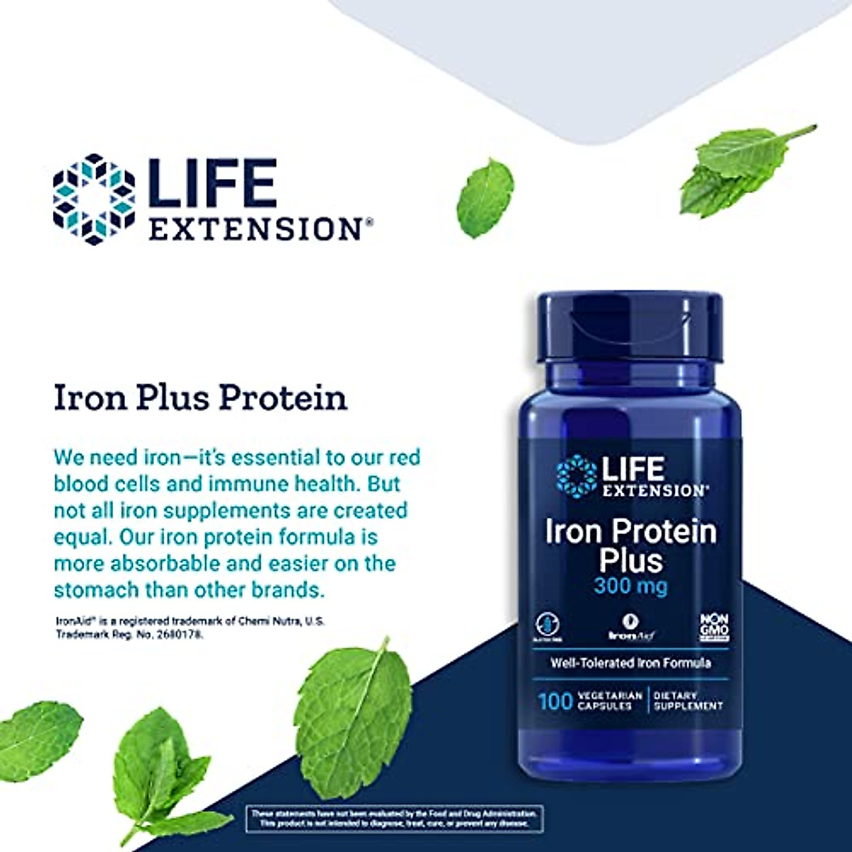 Life Extension Iron Protein Plus – Highly Absorbable Form of Irons Supplement for Red Blood Cell & Protein Production – Once Daily - Gluten-Free, Non-GMO, Vegetarian – 100 Capsules