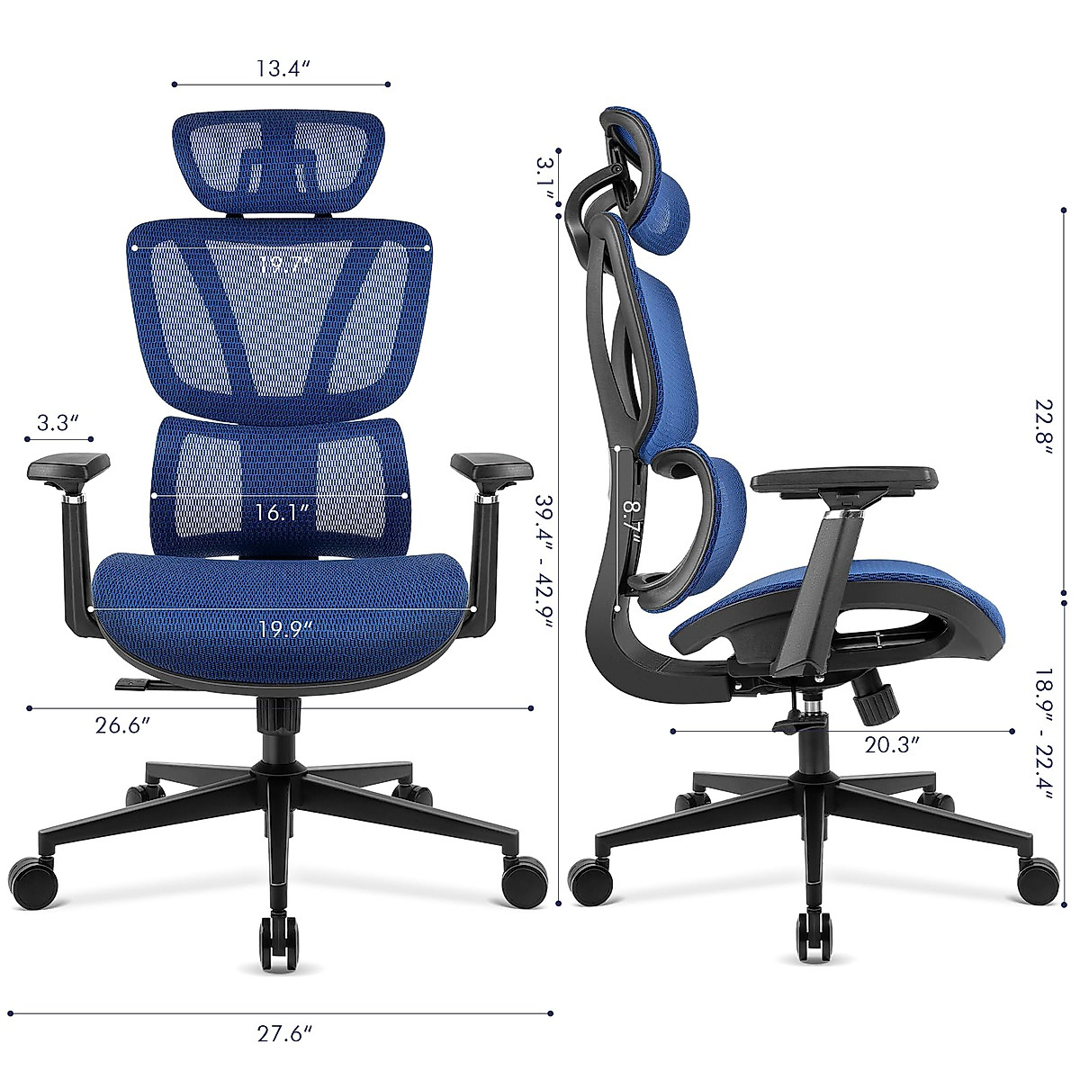 Ferghana Ergonomic Mesh Office Chair, High Back Home Desk Chair with Lumbar Support, Adjustable 3D Armrest and Headrest, Executive Swivel Computer Chair with 300Lbs Weight Capacity(Navy)