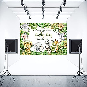 Aperturee 7x5ft Jungle Safari Animals Baby Shower Backdrop Baby Boy is On His Way It's a Boy Photography Background Green Leaves Photo Booth Studio Cake Table Banner Party Decorations Props Supplies