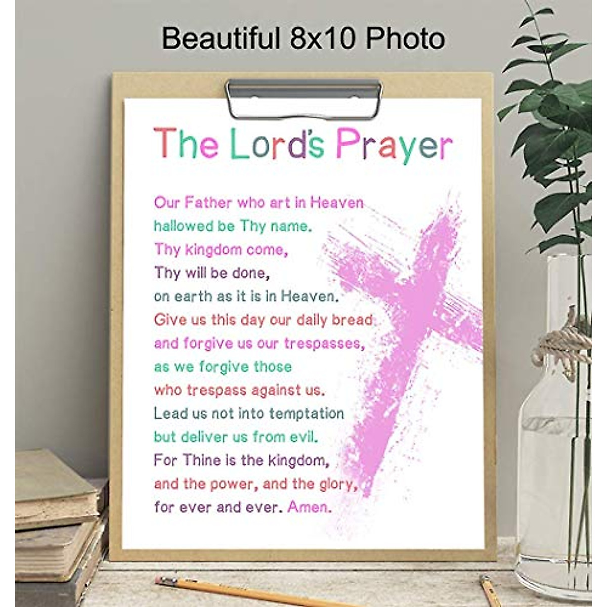 Lords Prayer Bible Verse Wall Art - Religious Scripture Girls Bedroom Decor - Christian Daughter Gifts for Toddler, Baby Girls Room - Blessed Church Sunday School Kids Decorations - Pink Cross Poster