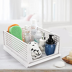 Okllen 3 Pack Stackable Storage Bins, Plastic Clothes Drawer Organizer Wardrobe Storage Box Shelf Basket, Foldable Sliding Bins for Cabinet, Laundry, Bedroom Closet, Office, White