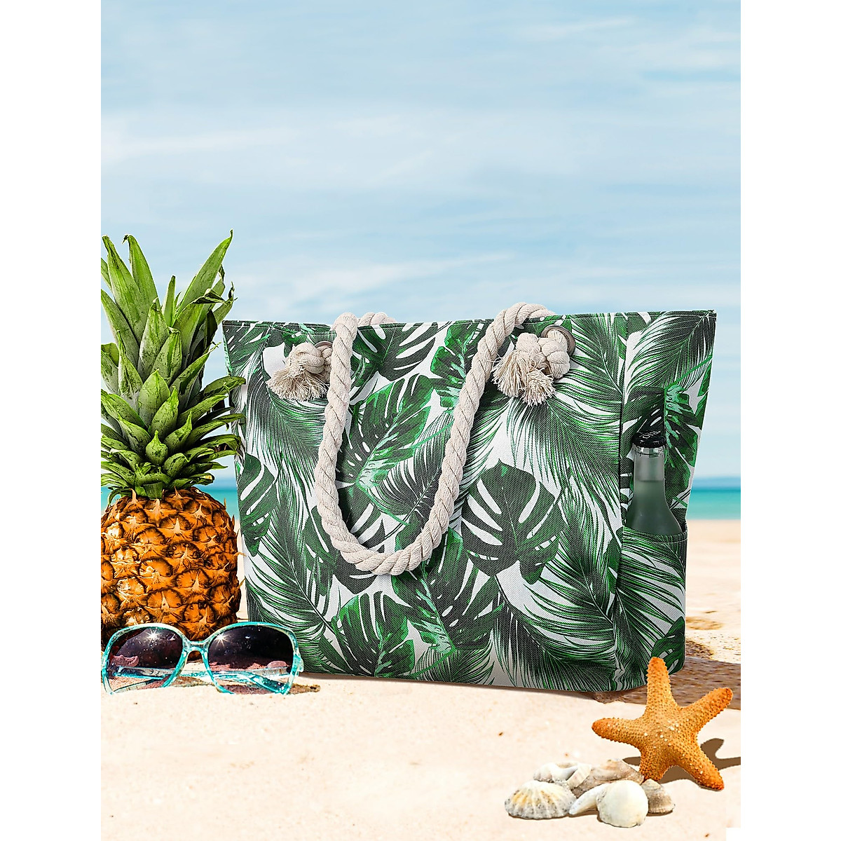 Large Travel Beach Tote Bags for Women Ladies Canvas Waterproof Sandproof Foldable Carry On Duffle Bag with Zipper Pockets Compartments for Wife Girlfriend Weekender Overnight Vocation Cruise Folding