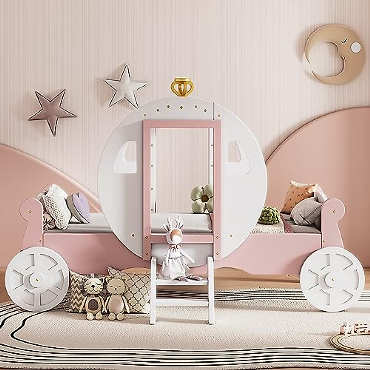 Twin Size Princess Bed with Carriage Shaped Appearance, Wood Girls Bed with Headboard and Footboard, Little Girl Platform Bed, No Box Spring Needed, Pink+White