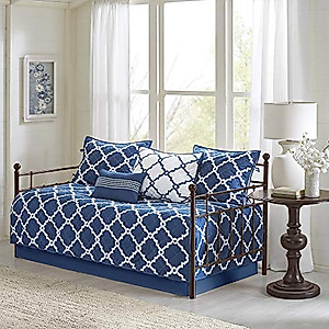 Madison Park Essentials Merritt Reversible Daybed Cover-Fretwork Print, Diamond Quilting All Season Cozy Bedding with Bedskirt, Matching Shams, Decorative Pillow, 75"x39", Navy 6 Piece