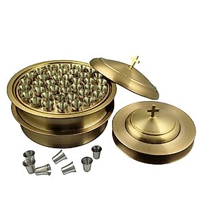 Communion Ware 2 Holy Wine Serving Trays with A Lid & 2 Stacking Bread Plates with A Lid + 80 Cups - Stainless Steel (Brass/Gold)