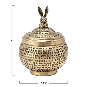 Creative Co-Op Hammered Metal Container with Rabbit Finial, Brass Finish Storage Box