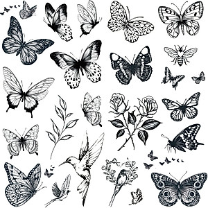 Tazimi 6 sheets large Black Butterfly Temporary Tattoos for Women-flowers butterflies Hummingbird swallow Rose Temporary Tattoos Waterproof Long Lasting Tattoos Stickers Sexy Fake Tattoo for Adults