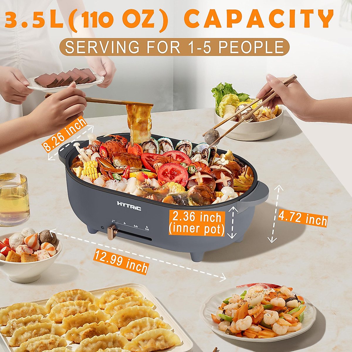 HYTRIC 3.5L Hot Pot Electric for Cooking, 110oz Electric Pot with Nonstick Coating, Multifunction Electric Cooker with Power Control for Shabu Shabu, Noodles, Sauté, BPA-FREE, Grey