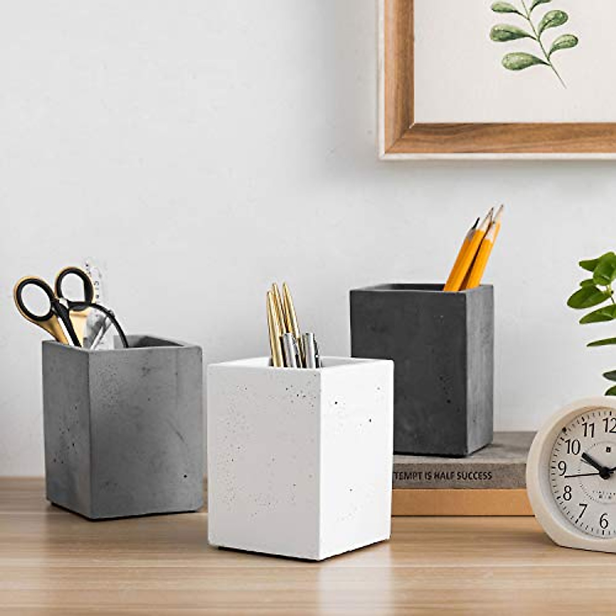 MyGift Modern Gray-Tone Concrete Desktop Pencil Holder Cup and Pen Holder, Office Stationery Organizer, Set of 3
