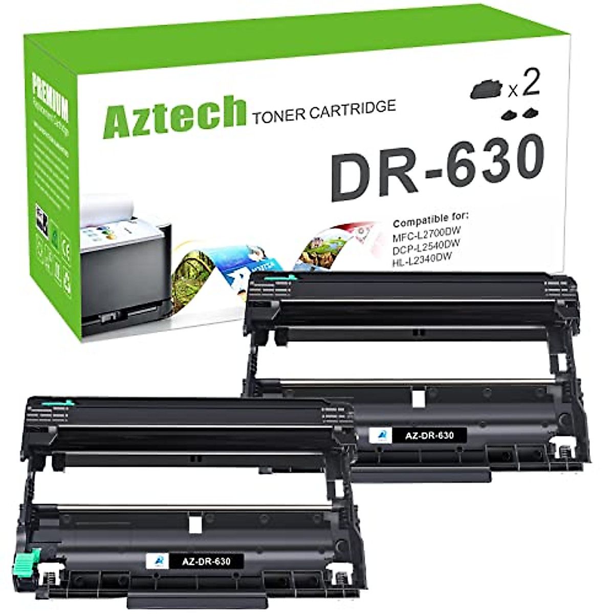 Aztech Compatible DR630 Drum Unit: Replacement for Brother DR630 DR 630 DR-630 MFC-L2700DW HL-L2300D MFC-L2740DW DCP-L2540DW HL-L2380DW HL-L2305W HL-L2320D HL-L2340DW HL-L2360DW Printer (2 Drum Unit)