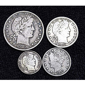 Barber Coinage - Set of 4 Different Coins - Half Dollar, Quarter, Dime, Nickel - Silver, Antique, Investment - 1/2 Good and Better - All Full Date - Great Collection US Mint