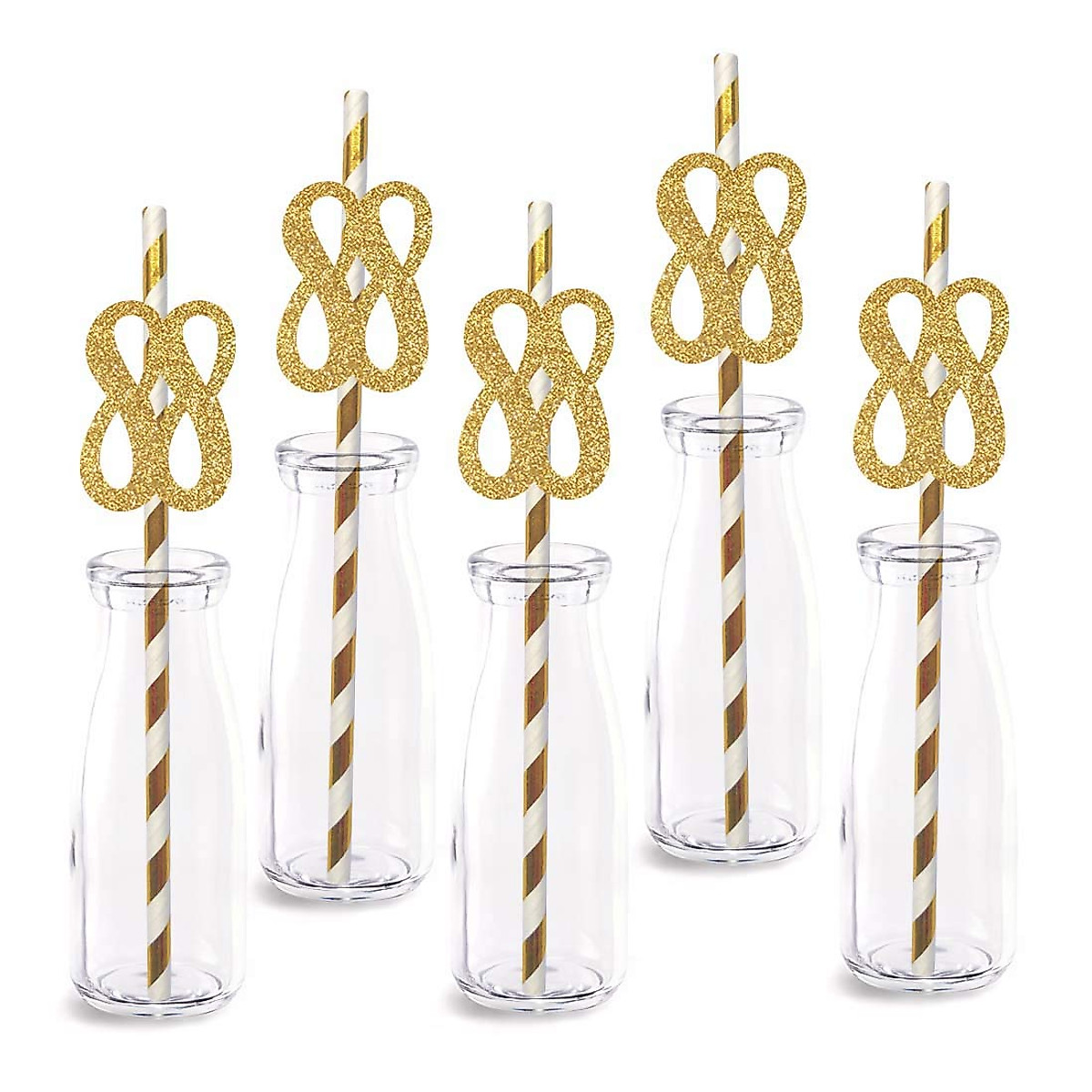88th Birthday Paper Straw Decor, 24-Pack Real Gold Glitter Cut-Out Numbers Happy 88 Years Party Decorative Straws