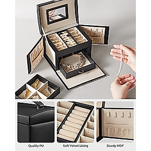 SONGMICS 3-Tier Jewelry Box, Travel Jewelry Case with Handle, 2 Drawers, Lockable Jewelry Organizer with Mirror, Jewelry Storage, Modern Style, Gift for Loved Ones, Black UJBC154B01