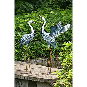 TERESA'S COLLECTIONS Garden Decor Blue Heron Sculptures Great Yard Decor, 37-40.7 Inch Large Metal Cranes Statues Decoy for Outdoor Outside Yard Art Patio Pond Pool Lawn Indoor Decorations, Set of 2