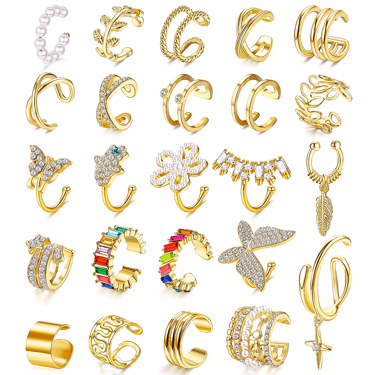 JeryWe 24 Pcs Gold Ear Cuffs for Women Non Piercing Adjustable Ear Cuff Earrings Clip On Cartilage Helix Wrap Ear Jewelry Set