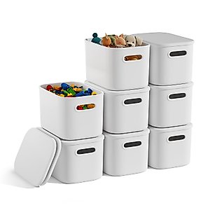 BOBIBOSS 8 Pack White Stackable Storage Bins with Lids for Shelves, Plastic Storage Containers with Lids for Organizing, Storage Boxes with Handle, White Storage Bins for Classroom, Craft, Snacks