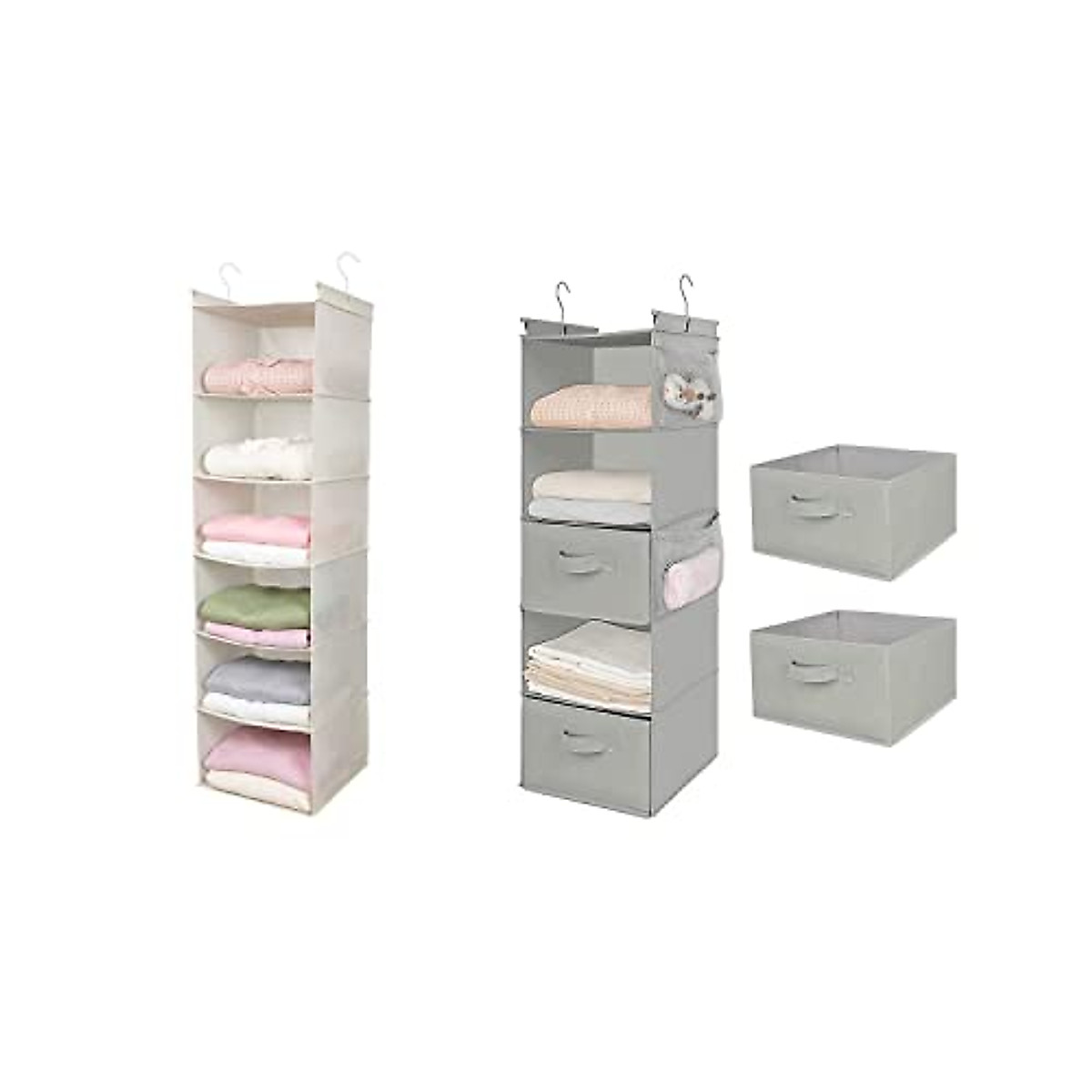 MAX Houser 6 Tier Shelf Hanging Closet Organizer and 5 Tier Shelf Hanging Closet Organizer, Closet Hanging Shelf with 2 Sturdy Hooks for Storage, Foldable,Beige and Light Grey-D2
