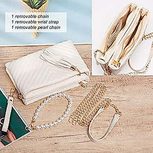 Hupifaz Quilted Crossbody Bag - Double Pouch Clutch Purses for Women, Formal Evening Clutch, Large Wristlet Bag with Pearls (Beige)