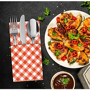 36 Picnic Barbecue Cutlery Holders Red and White Gingham Utensil Silverware Paper Pouch Pockets for Checkered Summer BBQ Table Place Settings Tableware Party Supplies Decorations for Knife Fork Spoon