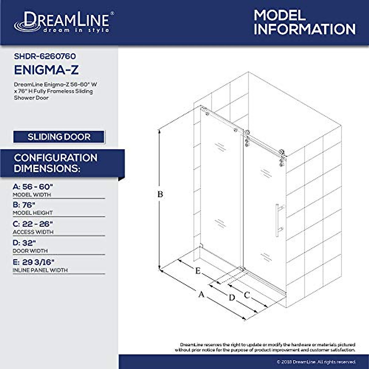 DreamLine SHDR-6260760-08 Shower Door, 56-60" W x 76" H, Polished Stainless Steel