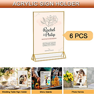 Cashger 8.5X11 Clear Sign Holder, Wedding Table Sign Double Sided Holder, Set of 6 Clear Acrylic Frames with Gold Border for Menus, Numbers, and Decor