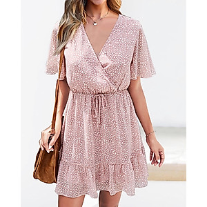 KIRUNDO Women's Summer Dresses 2025 Casual Short Sleeve V Neck Ruffle Floral Print High Waist Flowy Mini Dress with Belt(Small, Pink)