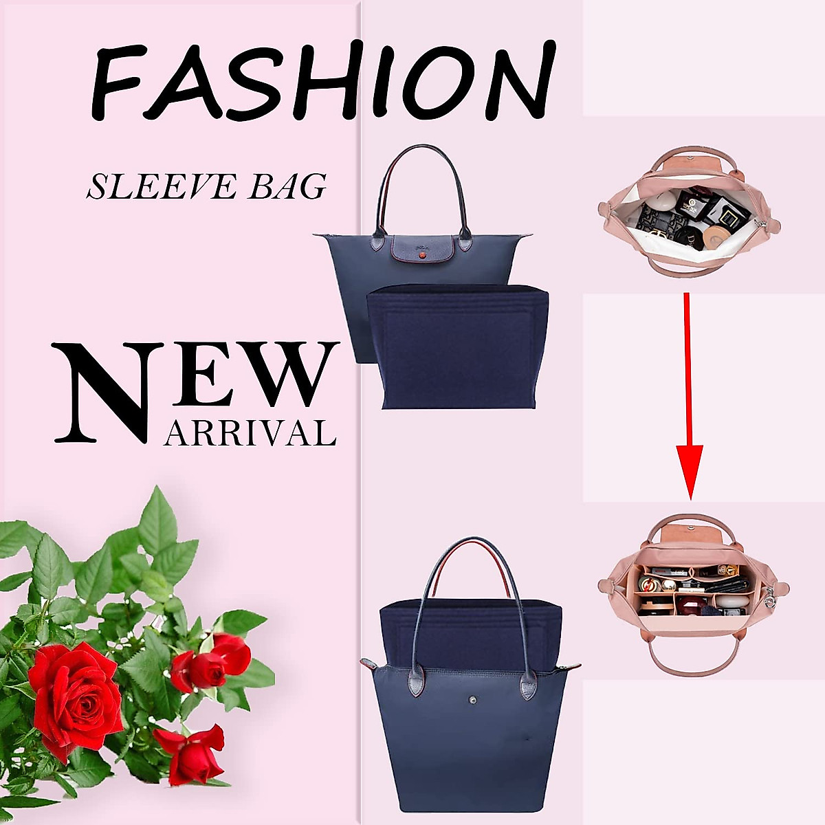 D.DUO Purse Organizer, Multi-Pocket Felt Handbag Organizer, Folding Tote Bag organizer insert for Insert Wallet Organizer for Longchamp (Beige, Large)