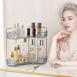 INVSSENE Corner Bathroom Countertop Organizer, 2 Tiers Vanity Trays for Bathroom Counter, Makeup Organizer, Perfume Tray, Kitchen Spice Rack, Fits 90 Corner, Smoky Gray