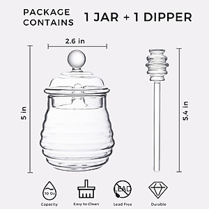 GMFINE Glass Honey Jar with Dipper Stick, Beehive Honey Pot Containers with Dipper and Lid Set for Storing Honey and Syrup, 10 oz, Clear