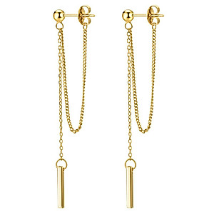 Chain Earrings for Women 18K Gold Plated Dainty Bar Drop Dangle Earrings Long Threader Earring Hypoallergenic Line Dangly Jewelry Gift for Teen Girls Women (Gold Plated/chain stud)