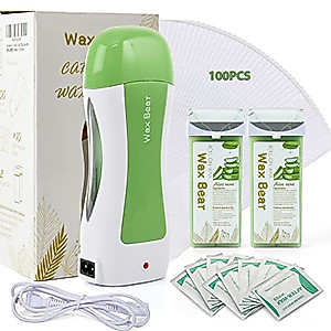 Wax Bear Roll On Wax Warmer Kit,Depilatory Wax Roller Kit for Hair Removal, Soft Wax Heater with 2 Cartridge Refill,10 Wipes and 100 pcs Wax Strips
