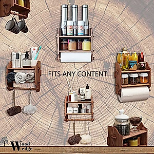 Wood Wedge, Premium 2-Tier Spice Rack, Wooden Shelf for The Wall Wooden Holder for Kitchen, Bathroom, Garage Organizer Made of Europa 100% Ash Wood with Metal Hooks, Shelf for Storage 11"x10.2"