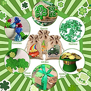 120 Pcs St. Patrick's Day Linen Gift Bag Irish Clover Burlap Bags with Drawstring Small Shamrock Goodie Bag Mini Holiday Treat Sacks Bulk Gifts for Coworkers Candy Party Favor, 12 Designs, 4 x 5.5''