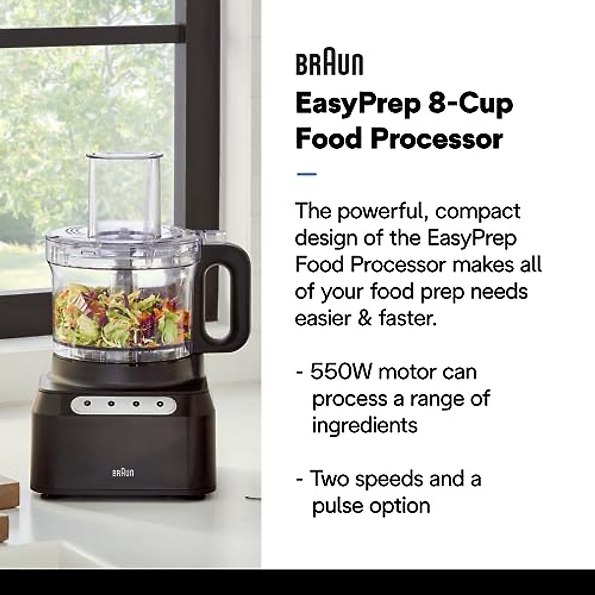 Braun EasyPrep 8-Cup Food Processor, Black - Two Speeds + Pulse Mode - Precision Knife Blade & 2-in-1 Slicing Disc - Secure Design - Easy Cleanup - Dishwasher Safe