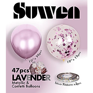 SUWEN Metallic Lavender Balloons and Confetti Balloons Set 47PCS Latex Helium Chrome Light Purple Balloon for Birthday Anniversary Party Decorations