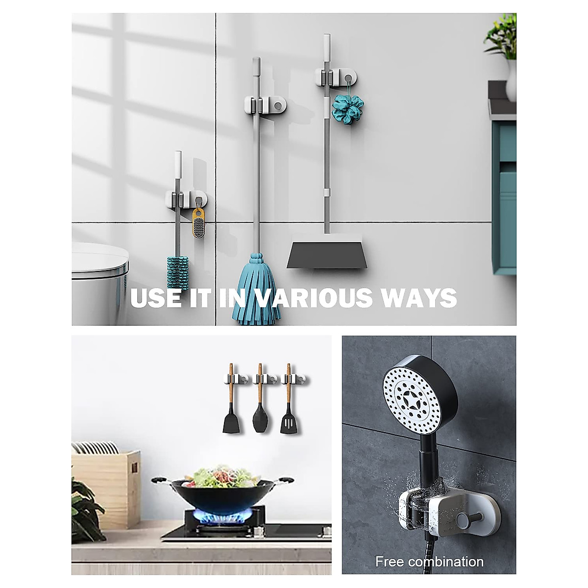 BEZOX Mop Holder with Hook - Drill Free Wall Mount Broom Gripper, Cleaning Supplies Organizer Utility Holder - 1PCS