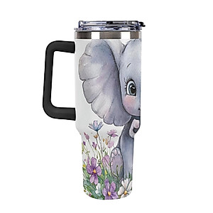 40 Oz Cute Baby Elephant Insulated Stainless Steel Tumbler with Handle & Straw Lid, Reusable Travel Cupholder Friendly Mug for Coffee, Water, Tea